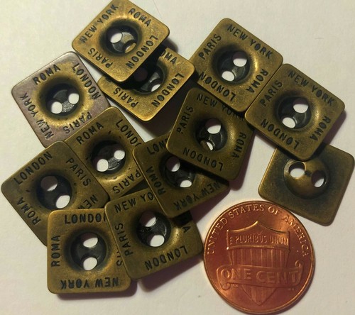 24 Antiqued Brass Tone Square Metal Buttons London Paris NY Roma 9/16 ...