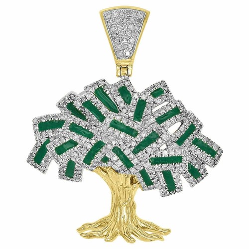 14K Yellow Gold FN Diamond Money Tree Pendant Green Enamel Leaf Charm 1 ...