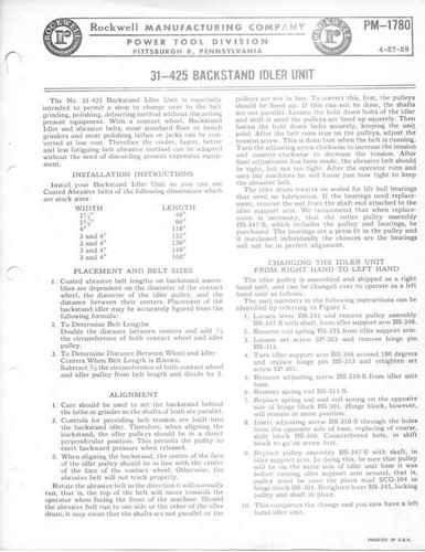 Delta Rockwell No. 31-425 Backstand Idler Unit PM-1780 Instructions | eBay