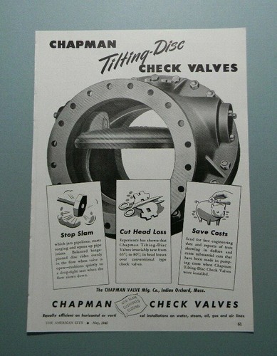 1945 CHAPMAN TILTING-DISC CHECK VALVES "NON-SLAM CUSHIONED CLOSING ...