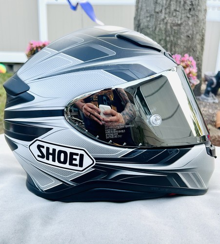 Shoei RF-1200 Rumpus Full Face Helmet/Chrome Visor/Black/Silver Tribal ...