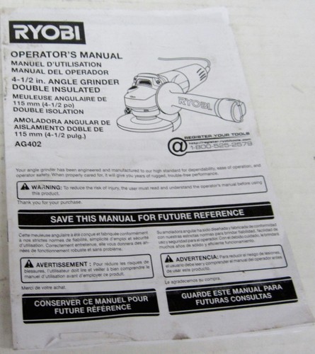 RYOBI 983000-997 OPERATOR'S MANUAL FOR AG402 4-1/2" DOUBLE INSULATED ...