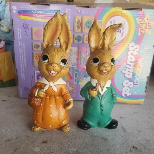 Vintage Easter Decor Mr. & Mrs. Bunny Rabbit Chalkware Figurines | eBay