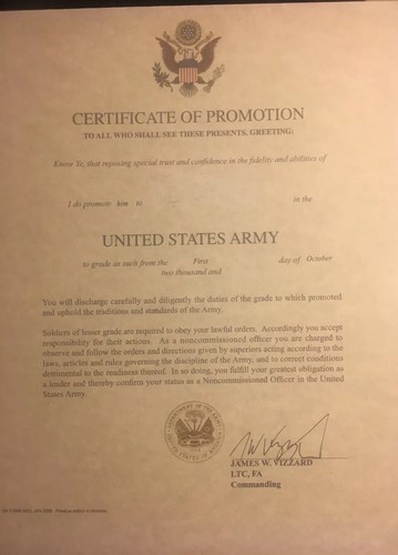 U.S.ARMY Promotion Certificate Comes Blank. Fill In Your Own ...