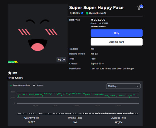 Super Super Happy Face - SSHF | Roblox | Limited Face 300k Robux Value ...
