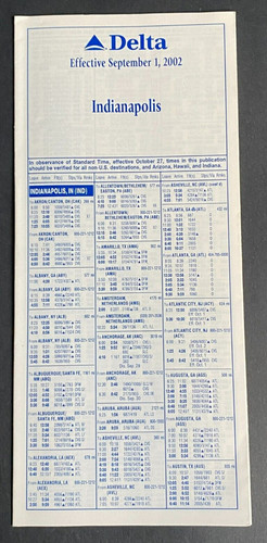 Delta Airlines INDIANAPOLIS Timetable Effective September 1, 2002 | eBay
