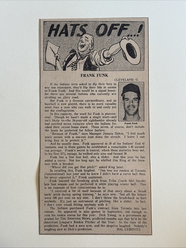 Frank Funk Hats Off Cleveland Indians 1961 Sporting News Baseball 4X8 ...