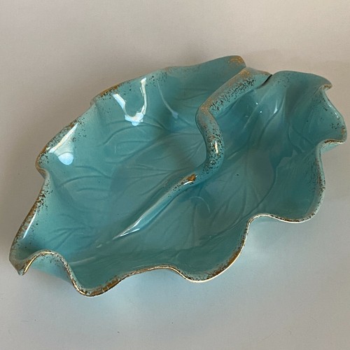 Vintage Leaf Dish Turquoise Blue and Speckled Gold with Handle | eBay