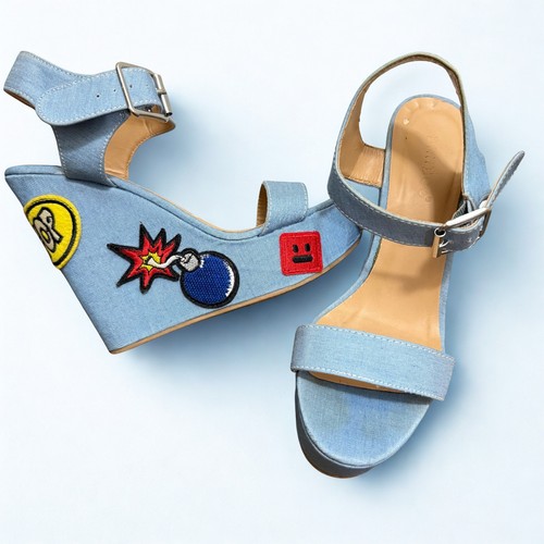 Bamboo Pop Art Womens Denim Patch Platform Wedge Sandals Blue Bomb ...
