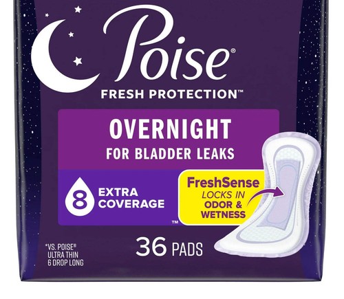 Poise Overnight Incontinence Pads for Women, 8 Drop Extra Coverage, 36 ...