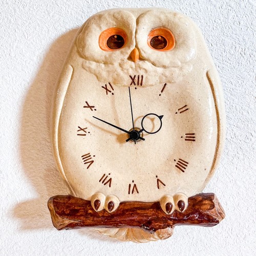 Japanese White Owl Pendulum Wall Clock Pottery Round Eye SETO ware Gift ...