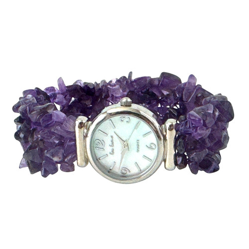 Gem Essence Watch Women 35mm Silver Tone MOP Dial Amethyst Band w/ New ...