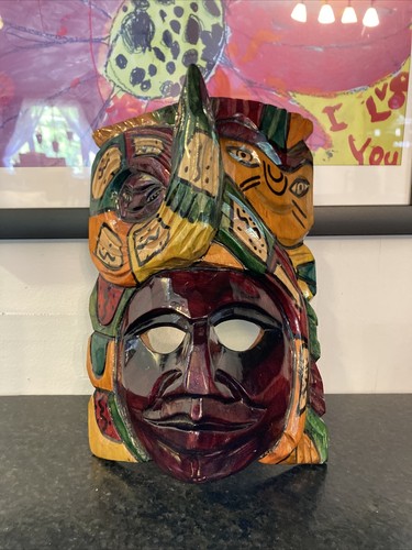 Folk Art Mayan Aztec Wooden Mask Hand Made Carved Hanging Or Standing ...