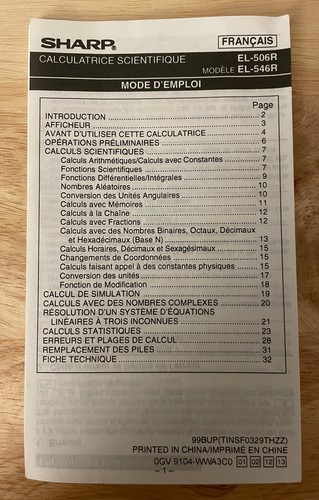 Vintage Sharp EL-506R/EL546R Scientific Calculator (FRENCH) MANUAL (1 ...
