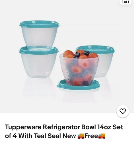 TUPPERWARE, Set of 4, Refrigerator Bowls, 1-1/2 Cup, Sheer W/Teal Seals ...