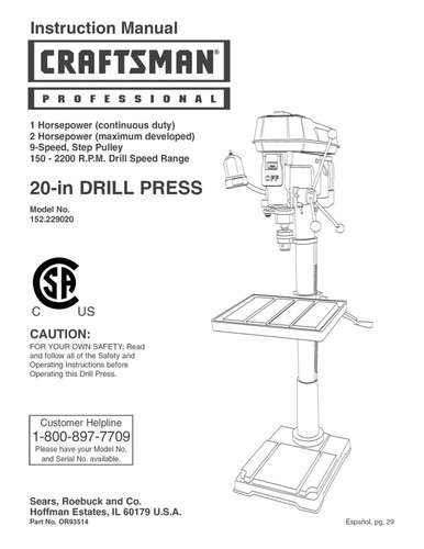 2006 Craftsman 152.229020 20" Drill Press Instructions | eBay