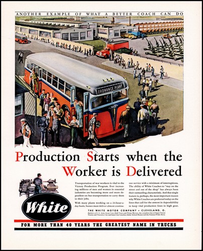1942 White Motor Co. Bus Coaches WW2 factory workers vintage art print ...