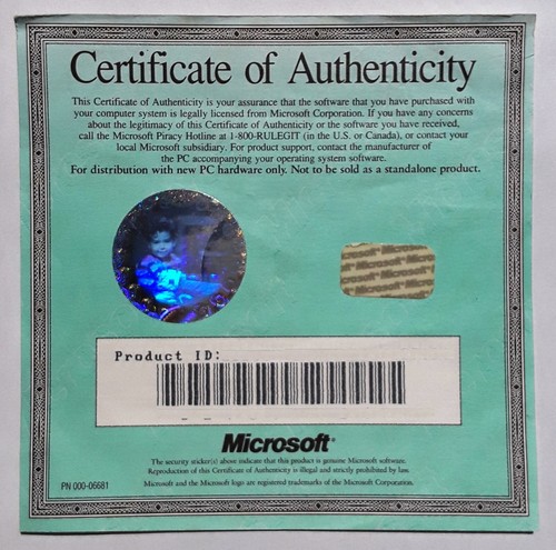 Microsoft Windows 95 ~Certificate of Authenticity w/ Product Key Only ...