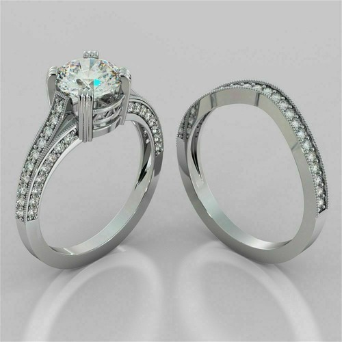 2.88Ct Round Cut White Moissanite Engagement Ring Set 14k White Gold in Size 9