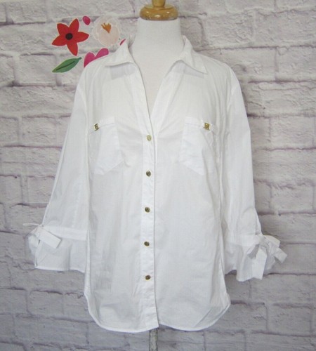Anne Klein Women's XL White Button Front Bell Tie Sleeve Blouse w ...