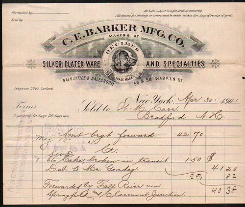 1901 C E Barker Co - Silver Plated Ware Specialties New York - Letter ...