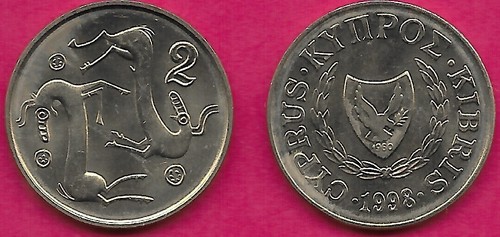 CYPRUS 2 CENTS 1998 UNC TYPE 2 COAT OF ARMS,STYLIZED GOATS,DENOMINATION ...
