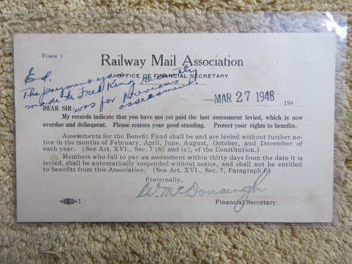 1948 RAILWAY MAIL ASSOCIATION OFFICE OF FINANCIAL SECRETARY POSTCARD | eBay