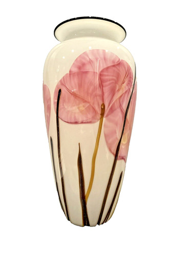 Richard Satava Art Glass 12 1/4" Pink Flowers on Off White Background ...