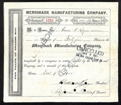 Merrimack Mfg. Co Boston 1902 Stock Certificate "Anna P. Rogers" Tax ...