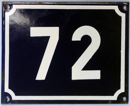 Large old blue French house number 72 door gate plate plaque enamel ...