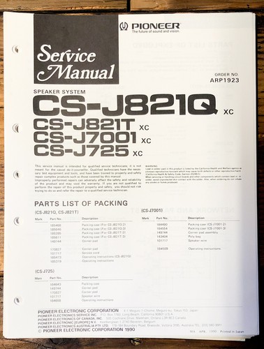 Pioneer CS-J725 -J7001 -J821T J821Q Speaker Service Manual *Original ...