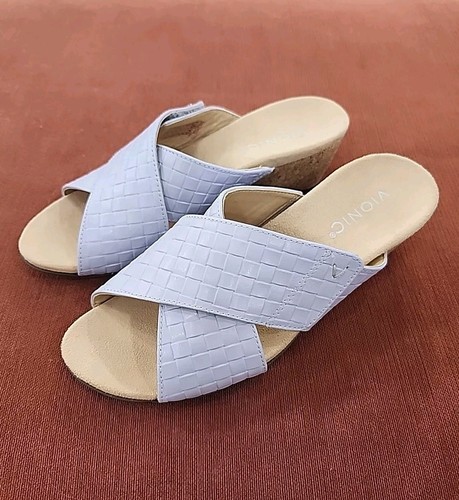 New Vionic Paradise Letica Lzrd Leather Embossed Wedge Sandals Slides 7 ...