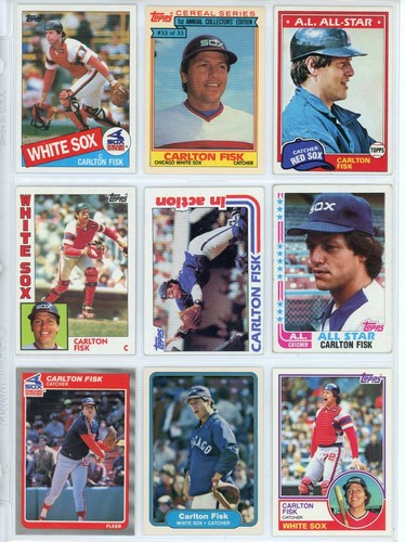 9 DIFFERENT YEAR/MANUFACTURE CARLTON FISK CARDS IN AN ULTRA PRO SHEET ...