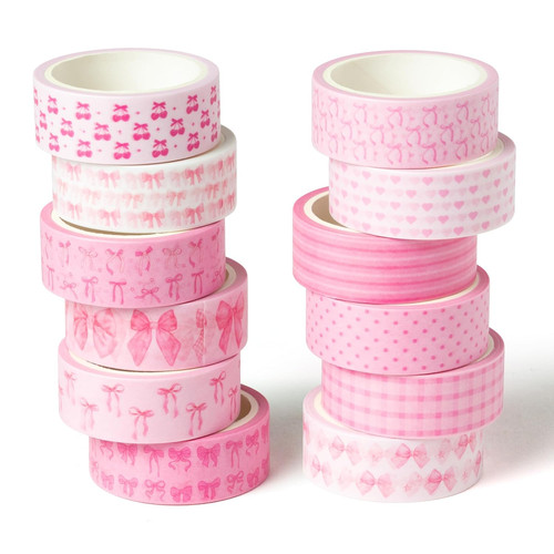 12Pcs Pink Bow Washi Tape, Trendy Watercolor Pink Bow Cherry Preppy ...