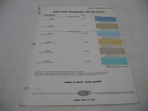 1959-1960 Studebaker Spring Colors Original DuPont 2 Page Paint Color ...