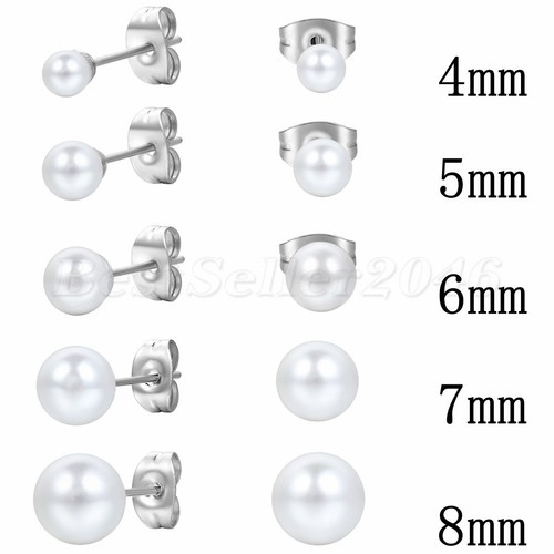 4-8mm Imitation Pearl Round Ball Stainless Steel Pin Ear Stud Earrings ...