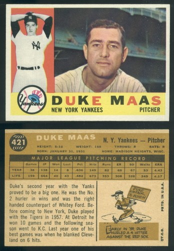 (42241) 1960 Topps 421 Duke Maas White Back Yankees-EM | eBay