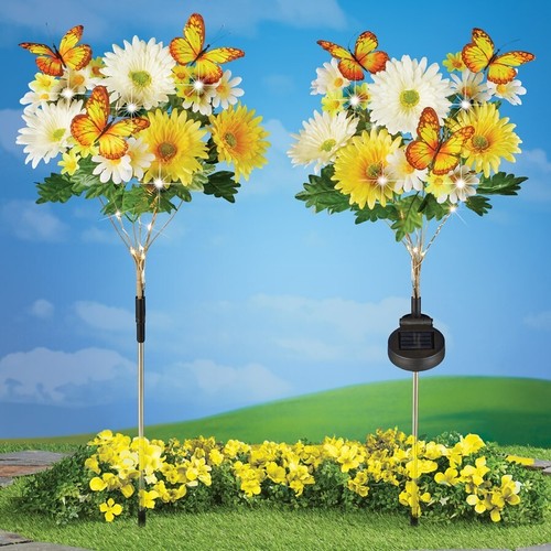 Set of 2 Solar Powered Daisy and Butterfly Decorative Outdoor Garden ...