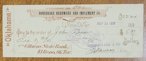 x100 Dealer Lot Bank Check Receipt 1897 El Reno Oklahoma Bonebrake ...
