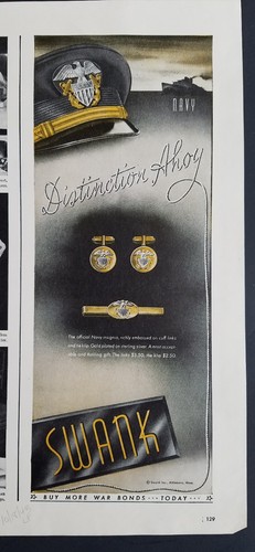 1943 Swank official Navy insignia cufflinks tie bar cap vintage ad | eBay