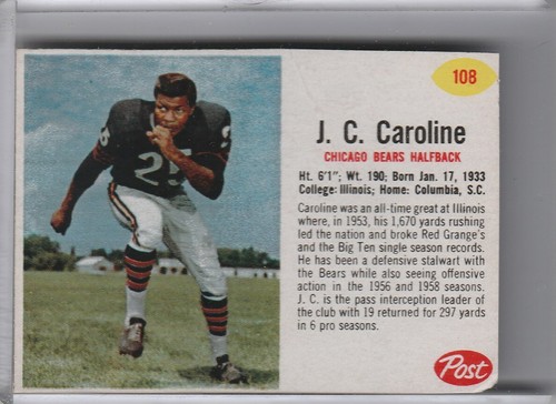 1962 POST CEREAL #108 J.C. CAROLINE ILLINOIS CHICAGO BEARS 2219 | eBay