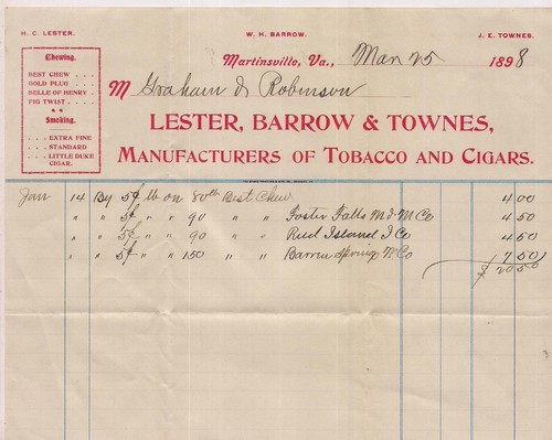 1898 Lester Barrow & Townes Tobacco & Cigar Mfg Billhead MARTINSVILLE ...