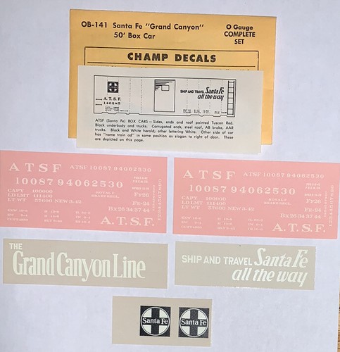 CHAMP O SCALE DECAL-SANTA FE/ATSF 50’ BOX CAR “GRAND CANYON LINE” - OB ...