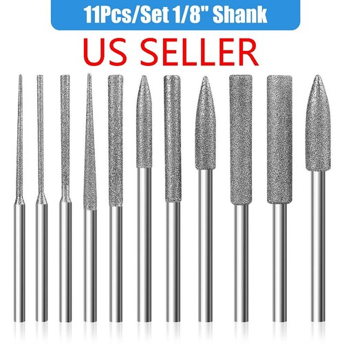 11Pcs Diamond Burr Stone Carving Grinding Bits 1/8" Shank for Dremel ...