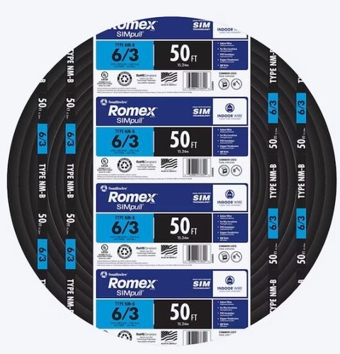 50' 6/3 NM-B Residential Indoor Wire Southwire Romex Black 50 Ft - FREE ...