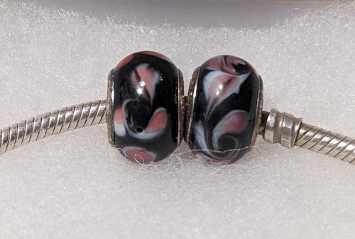 Set of 2 NEW Pandora Black Murano Glass Beads with Pink/White Swirls | eBay