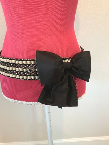 CHANEL WIDE CHAIN RIBBON BOW BELT 06A RARE CC BLACK IVORY SILVER ...