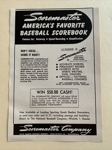 Scoremaster Co. Hollywood CA Official Scorekeeper of NBC 1960 Baseball ...