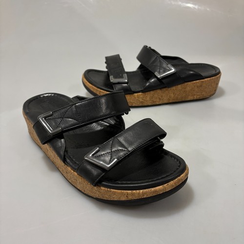 FitFlop 11 Remi Black Leather Slides 1.5" Cork Wedge Heels Sandals BL6 090
