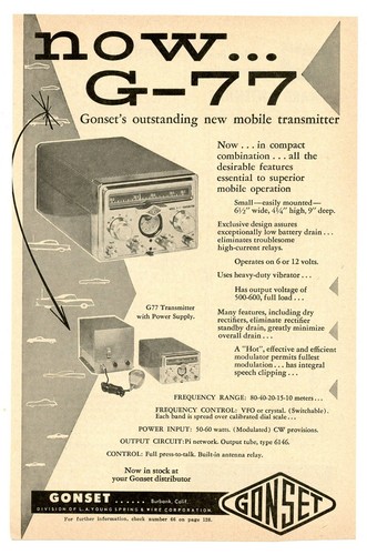 CQ Ham Radio Mag. Ad GONSET G-77 Mobile Transmitter with Power Supply ...